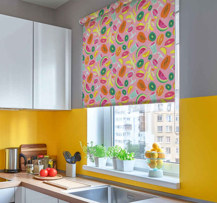 Colorful fruits pattern blinds in a kitchen