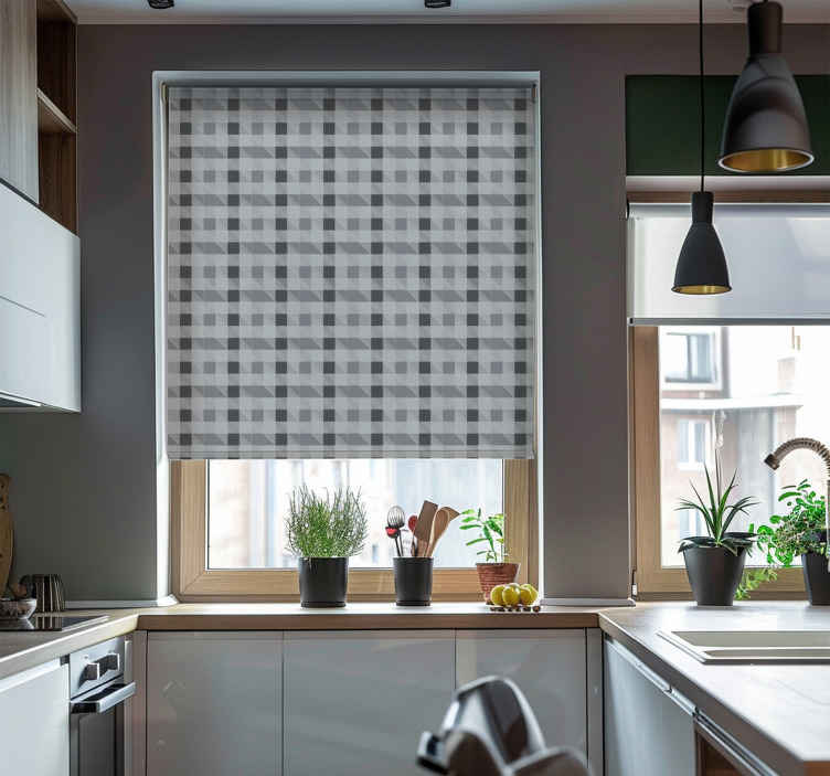 Estore de rolo para cozinha padrão xadrez cinza