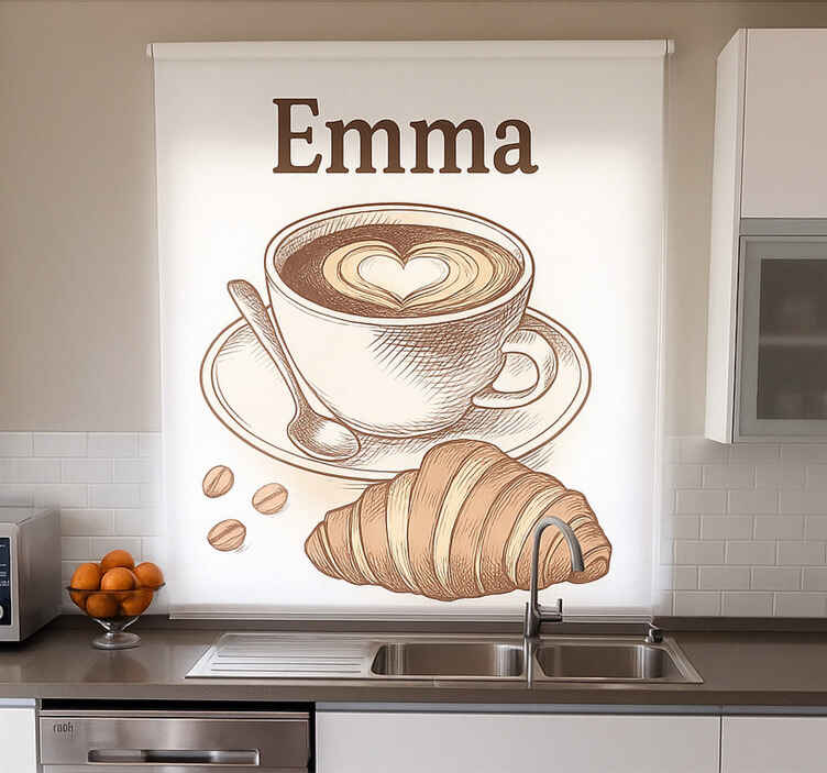 Personalised coffee design blinds in a kitchen