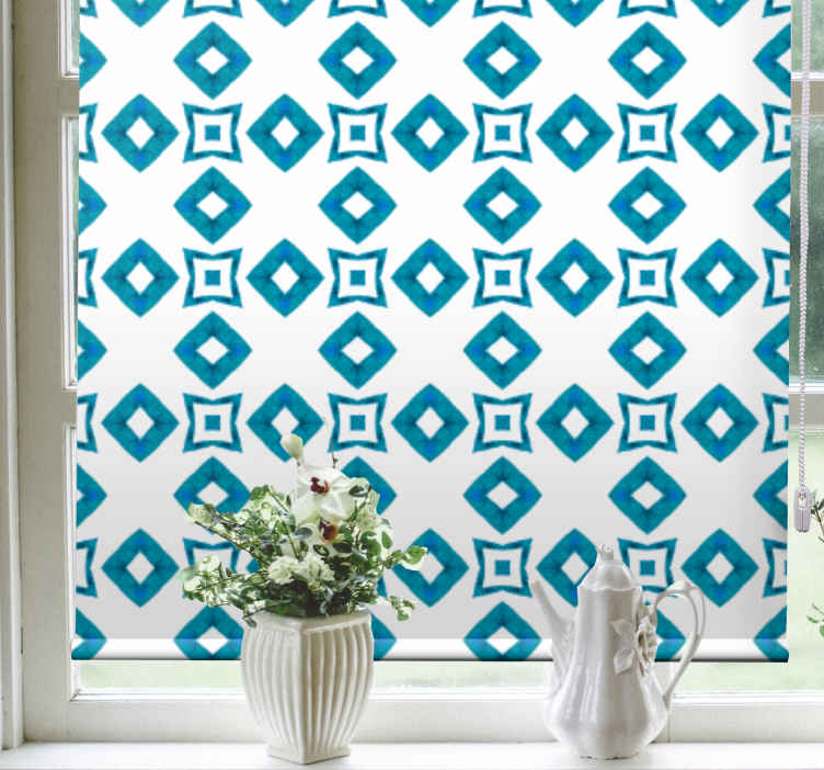 Geometric blue pattern blinds in a kitchen