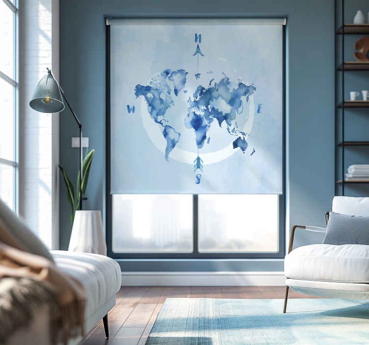 Aquarel blauwe planisfeer Jalozieën wereldmap