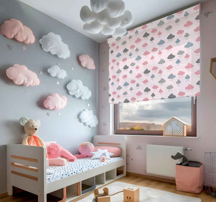 Pink and grey rain cloud roller blind