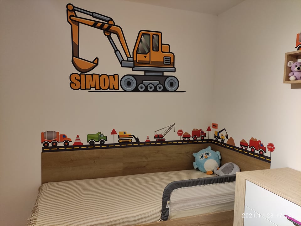 Rumeni bager z risbami z imenom ilustracija stenske umetnosti - TenStickers