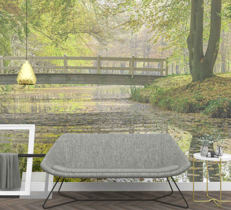 Wooden path in forest with lake nature murals - TenStickers