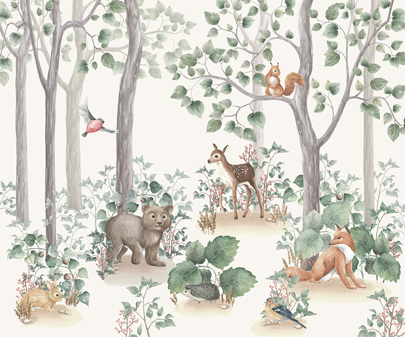 Dieren in het bos foto behang babykamer