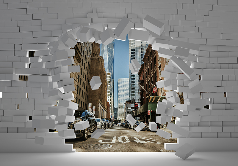 3d 효과 벽 벽화 폭발하는 도시 풍경