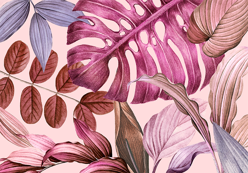 Monstera style with pink reflections modern mural wallpaper - TenStickers