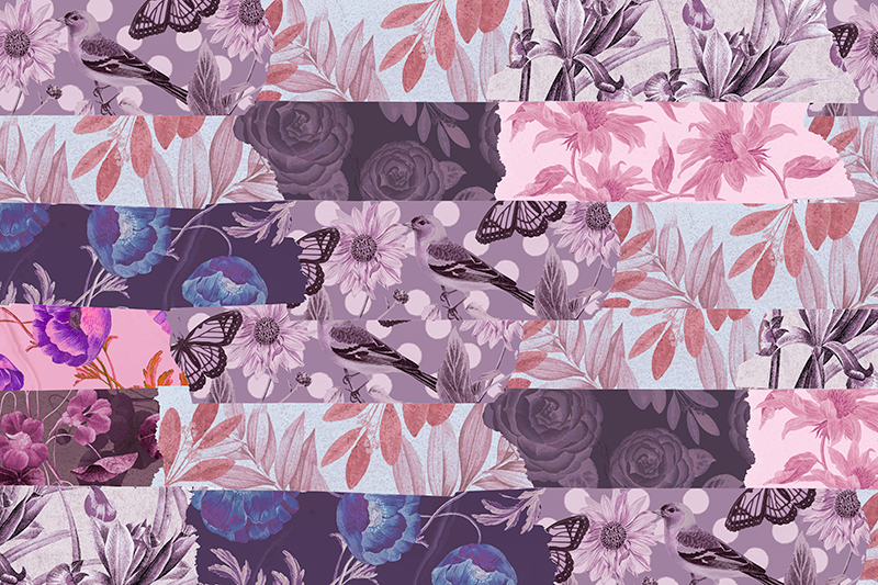 Fototapete Blumen Collage aus Blumenmuster in lila - TenStickers