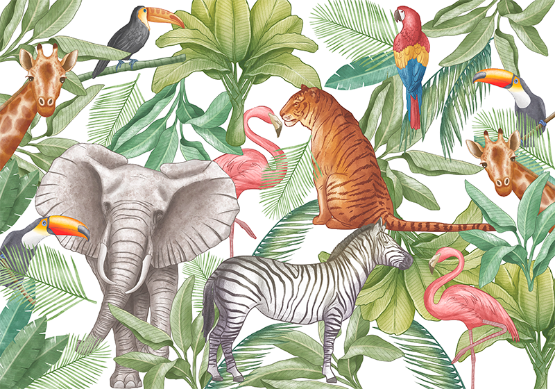 Fotomural selva diseño de animales acuarela