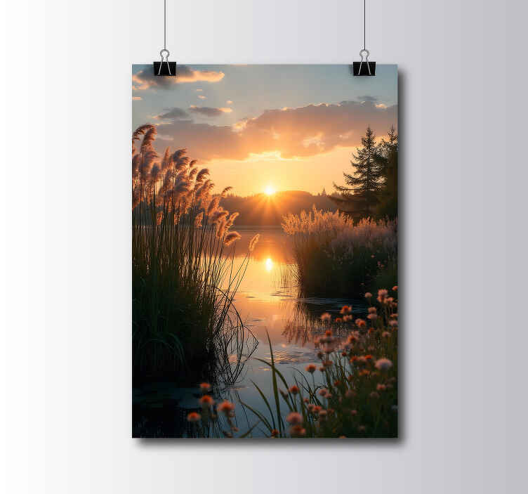 Sunset over the lake photo realistic poster