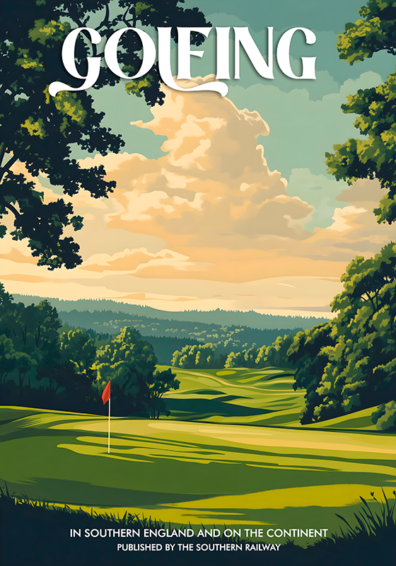 Vintage golfing landscape sports poster