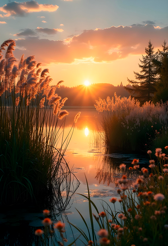 Sunset over the lake photo realistic poster