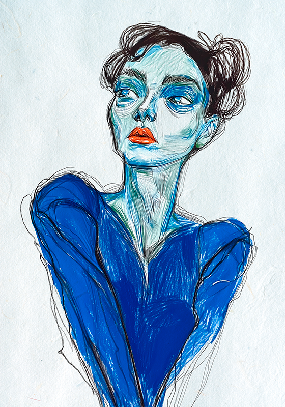 Lady in blue custome artistic drawing poster