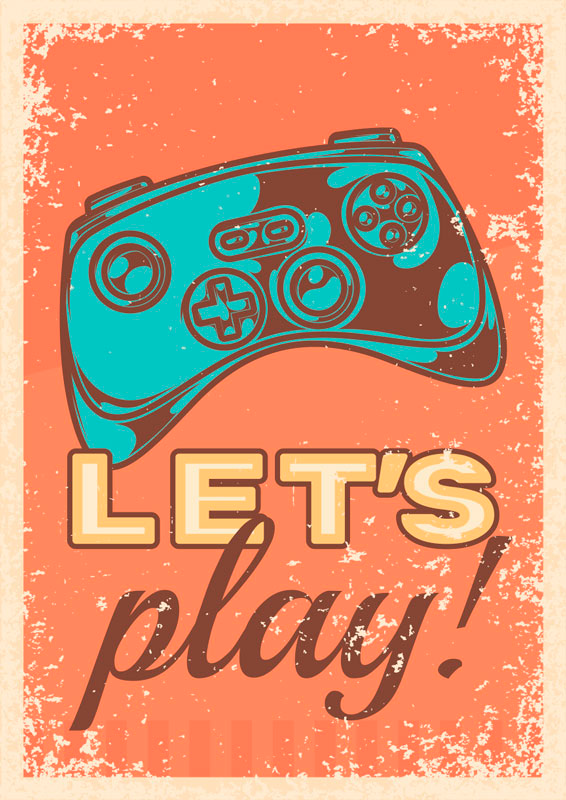 "Let's play" retro style video game poster
