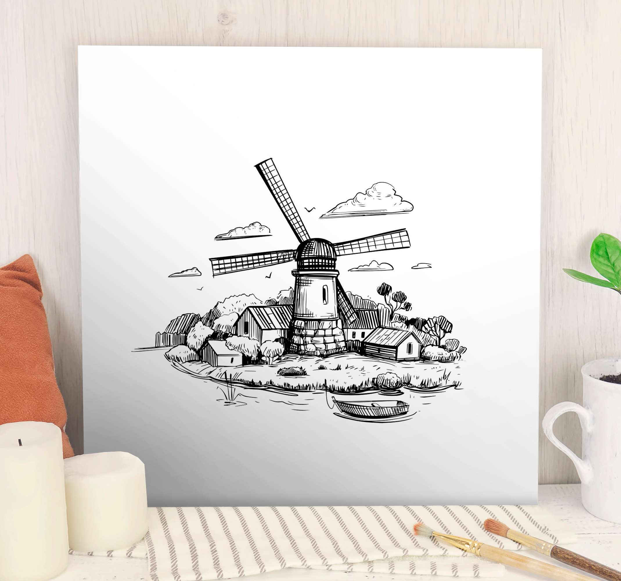 Kinderbilder Leinwand Schwarz-weiß-dorfzeichnung - TenStickers