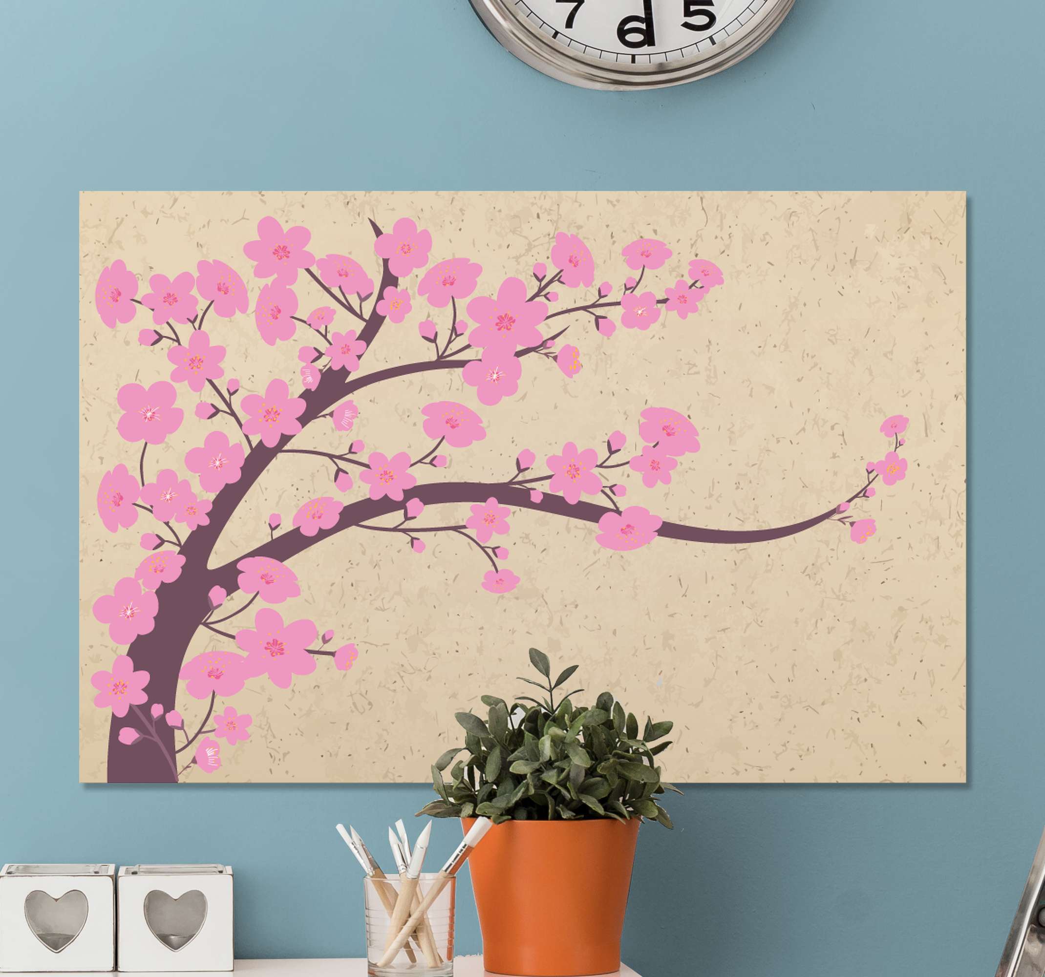 Tableau en 3d Fleurs roses sur fond beige - TenStickers