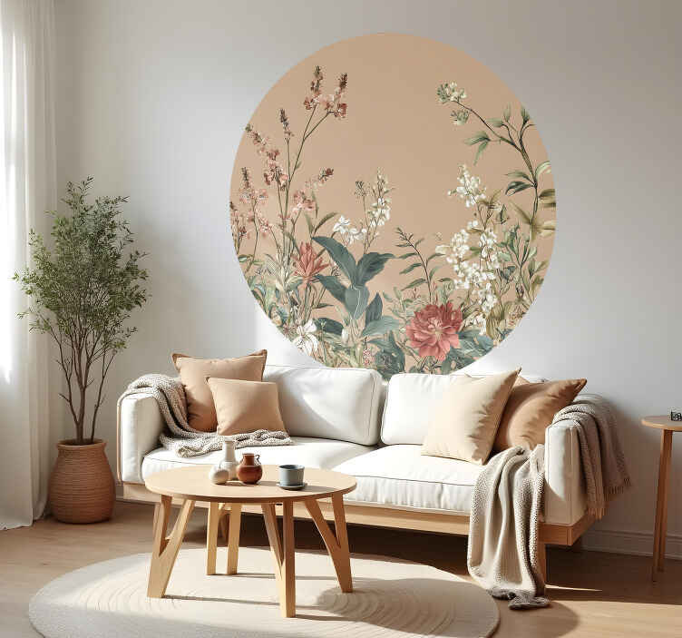 Vinilo pared santuario floral en círculo beige