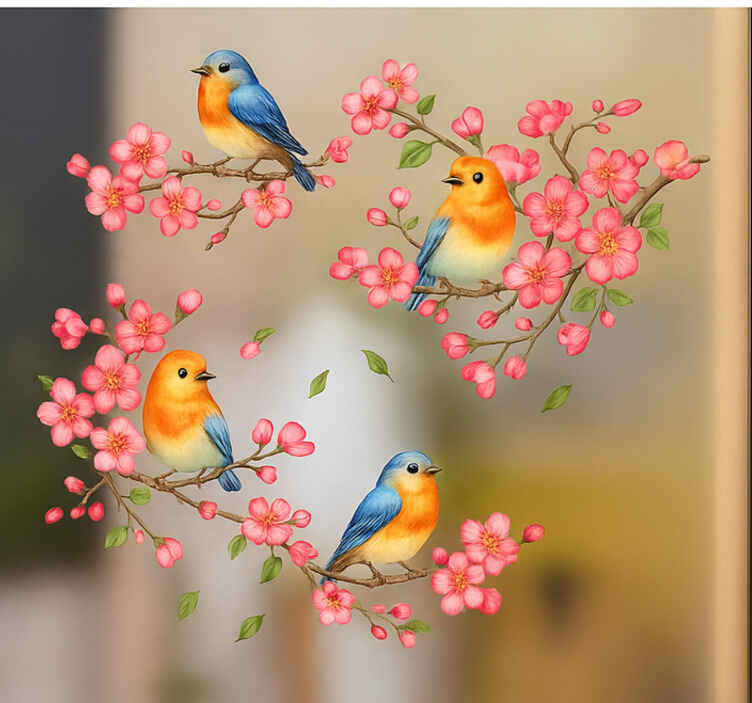 Pink flowers and birds window sticker