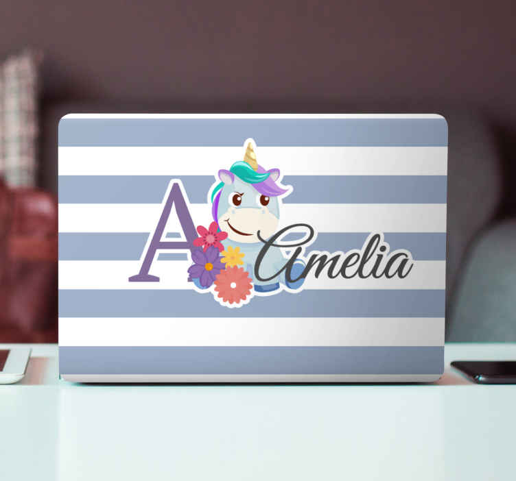 Cute animals unicorn with name laptop stickers - TenStickers