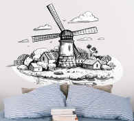 Fekete-fehér falu rajz illusztráció fal művészet - TenStickers