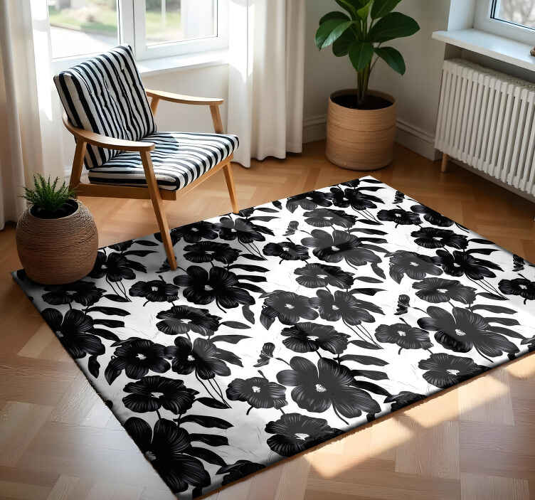 Black poppy floral vinyl rug