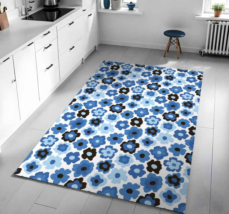 Blue poppy floral vinyl rug