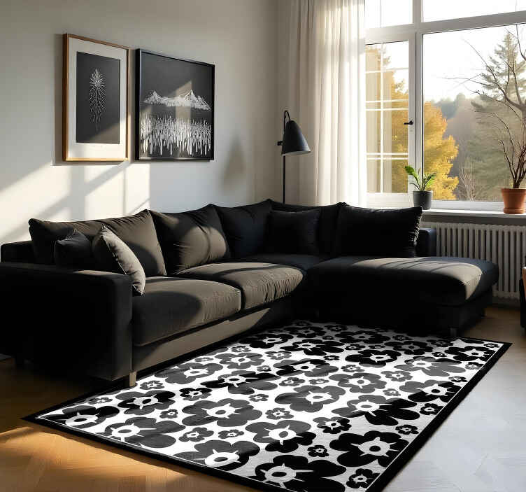 Black poppy floral rug