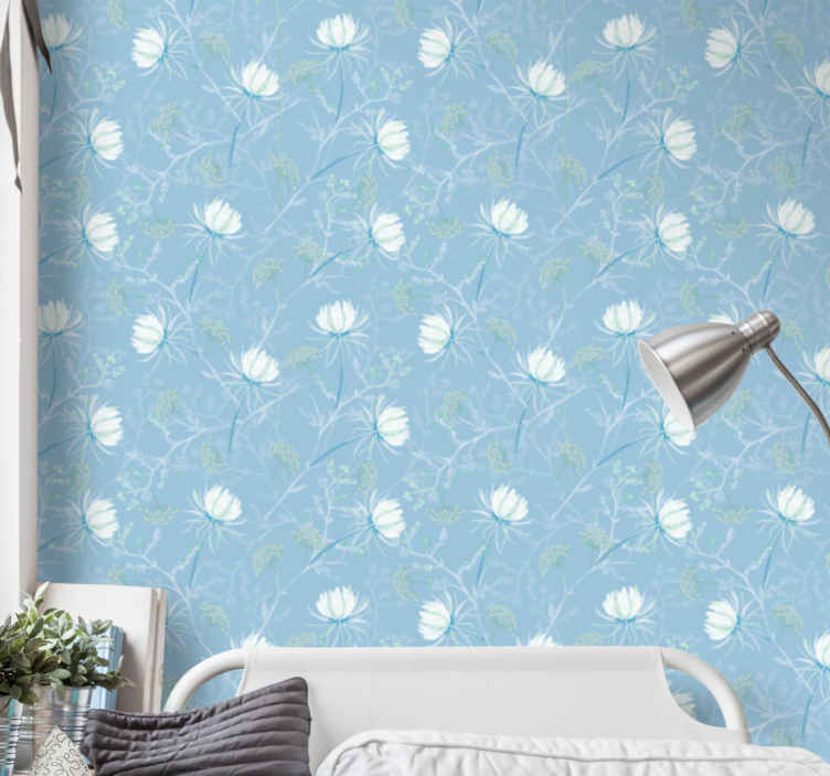 Papel Pintado De Flores Patrón De Abuelo Azul Vintage Tenvinilo