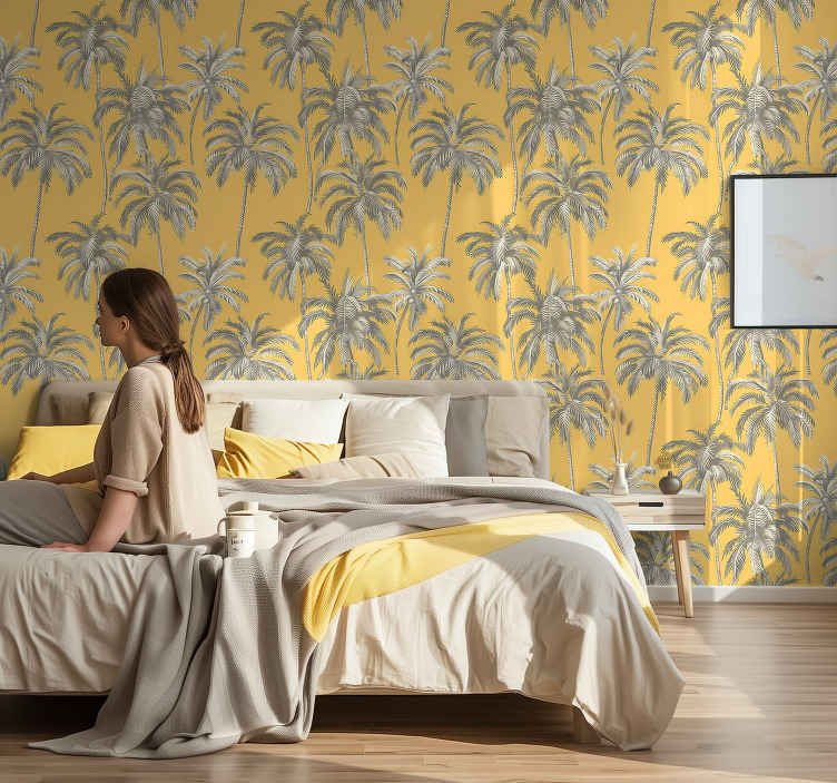 Papier peint jaune motif de palmiers gris
