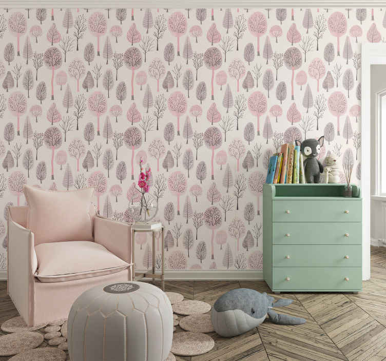 Noordse bomen behang roze Noordse bomen behang roze