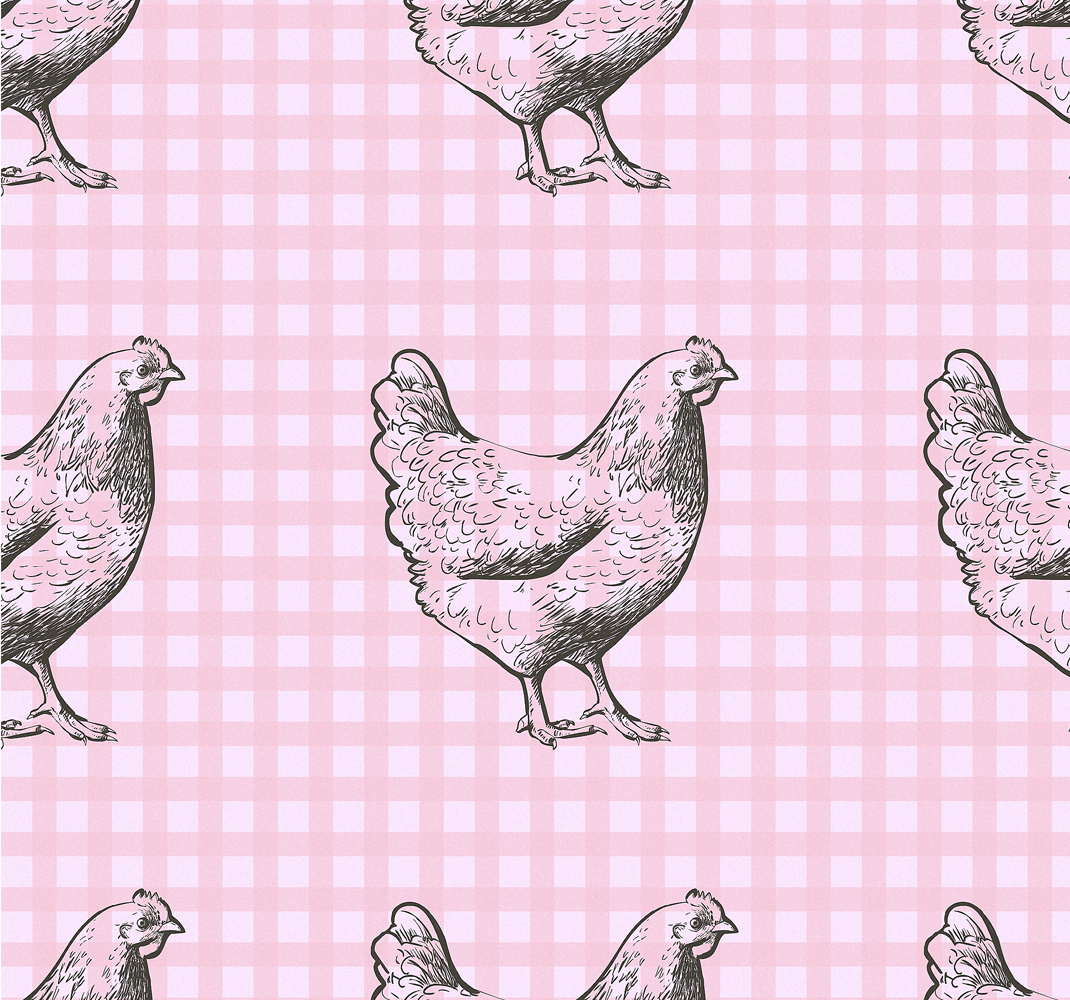 Pink and white squares with roosters kitchen wallpaper - TenStickers