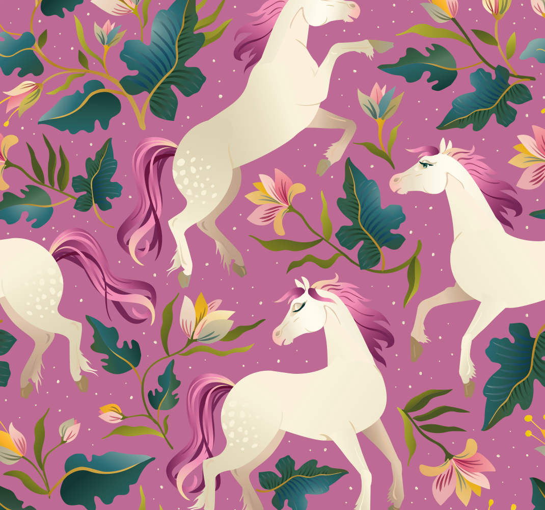 Rosa och blommig hästdesign tapet för sovrum - Tenstickers