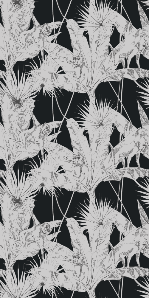 Svarta och vita palmer och apor blad tapeter - Tenstickers