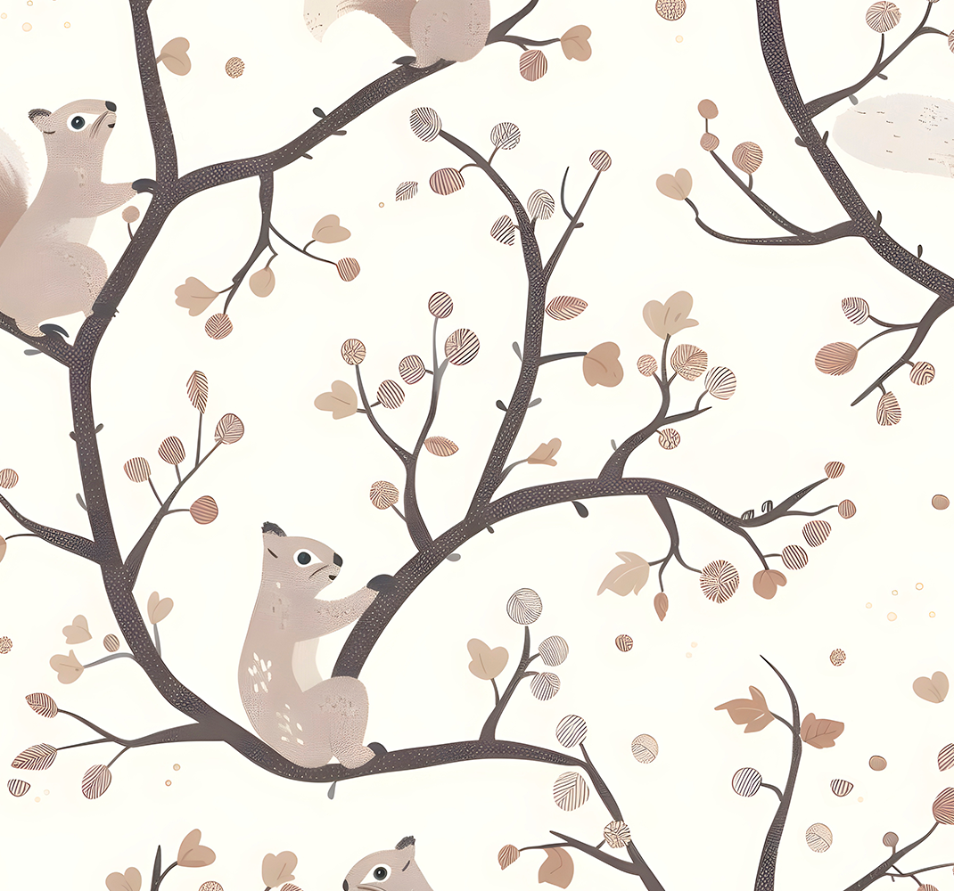 Beige squirrels pattern wallpaper for the nursery