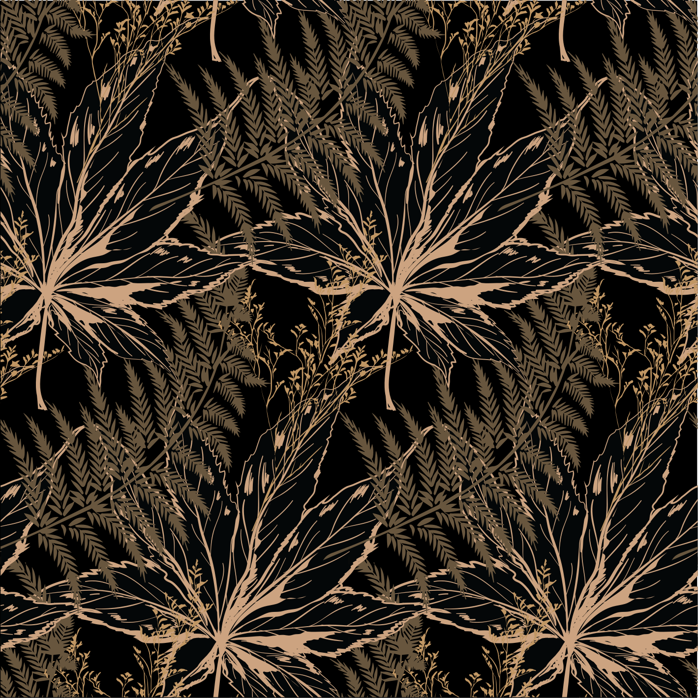 Papel mural negro grandes hojas doradas